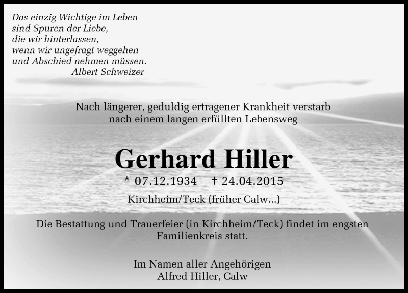 Traueranzeigen von Gerhard Hiller | Schwarzwälder Bote Trauer