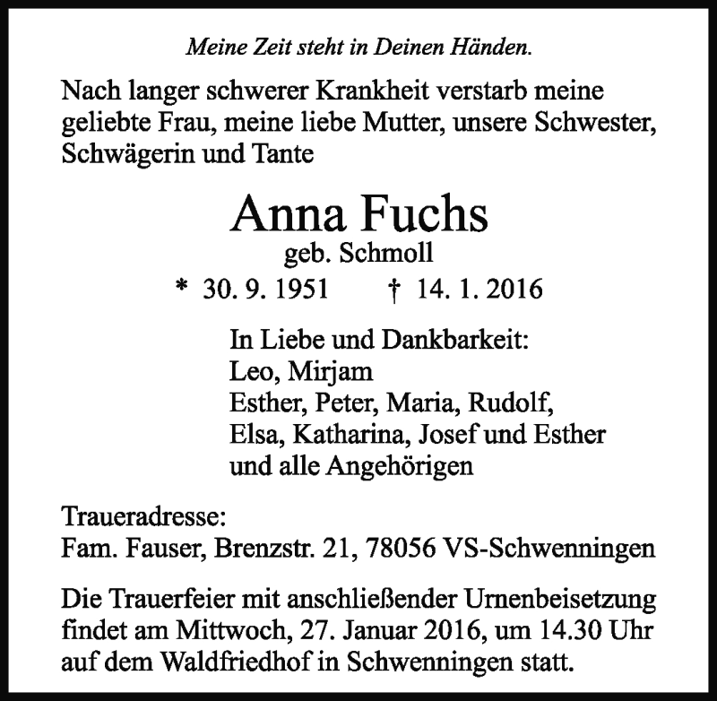 Traueranzeigen von Anna Fuchs | Schwarzwälder Bote Trauer