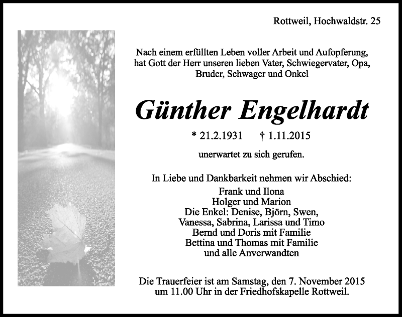 Traueranzeigen von Günther Engelhardt | Schwarzwälder Bote Trauer