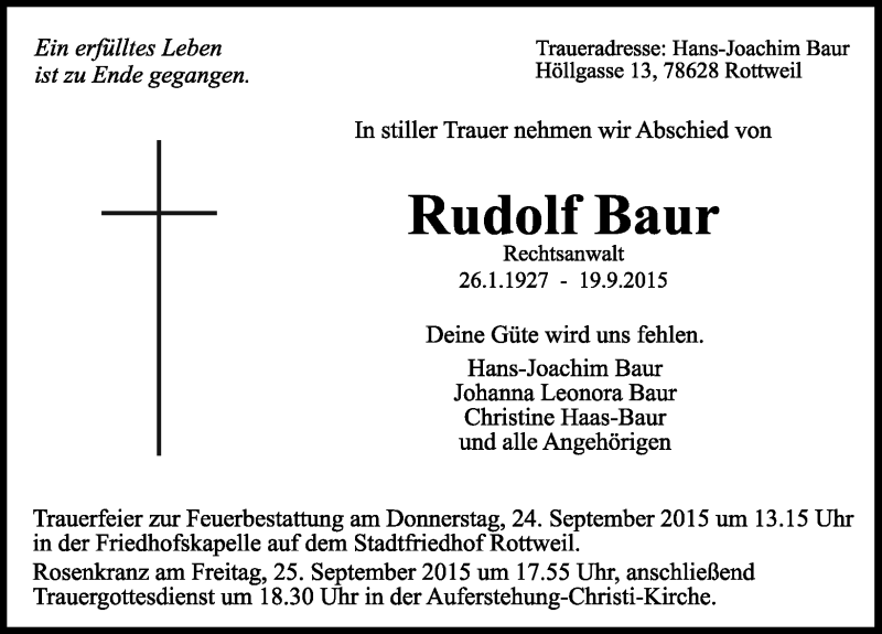 Traueranzeigen von Rudolf Baur | Schwarzwälder Bote Trauer