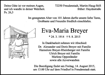 Traueranzeigen von Eva-Maria Breyer | Schwarzwälder Bote Trauer