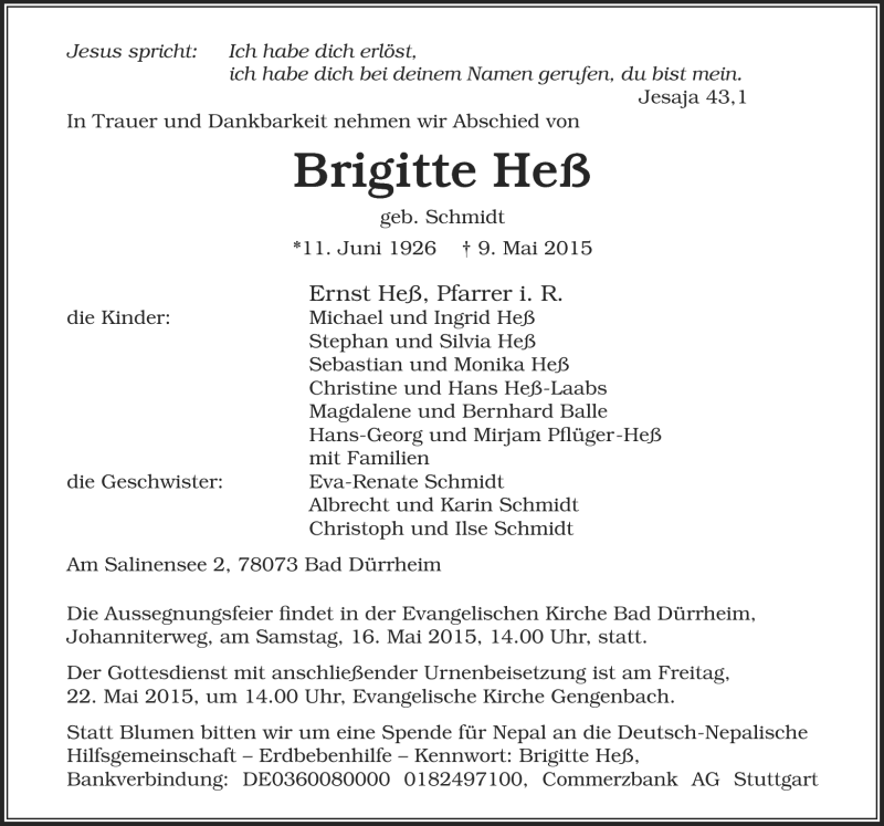 Traueranzeigen von Brigitte Heß | Schwarzwälder Bote Trauer