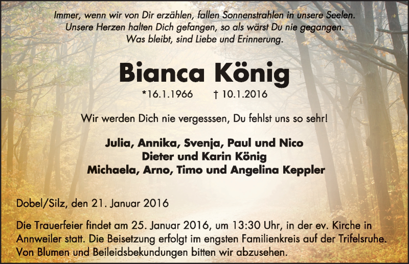 Traueranzeigen von Bianca König | Schwarzwälder Bote Trauer