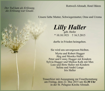 Traueranzeigen von Lilly Haller | Schwarzwälder Bote Trauer