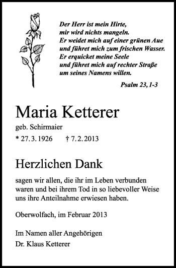Traueranzeigen von Maria Ketterer | Schwarzwälder Bote Trauer