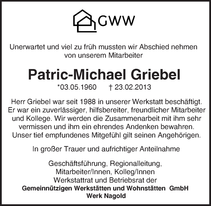 Traueranzeigen von Patric-Michael Griebel | Schwarzwälder Bote Trauer