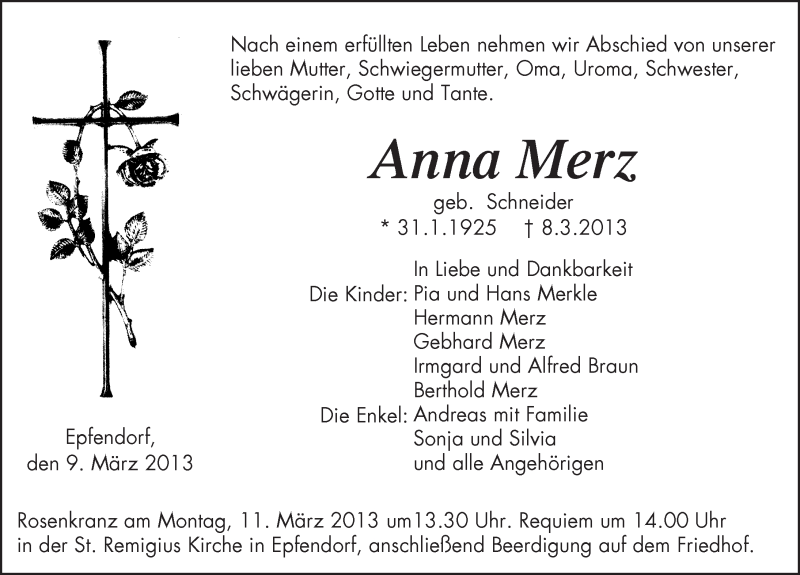 Traueranzeigen von Anna Merz | Schwarzwälder Bote Trauer