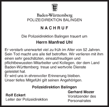 Traueranzeigen von Manfred Uhl | Schwarzwälder Bote Trauer