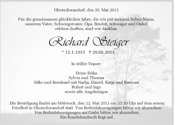 Traueranzeigen von Richard Steiger | Schwarzwälder Bote Trauer