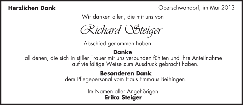 Traueranzeigen von Richard Steiger | Schwarzwälder Bote Trauer