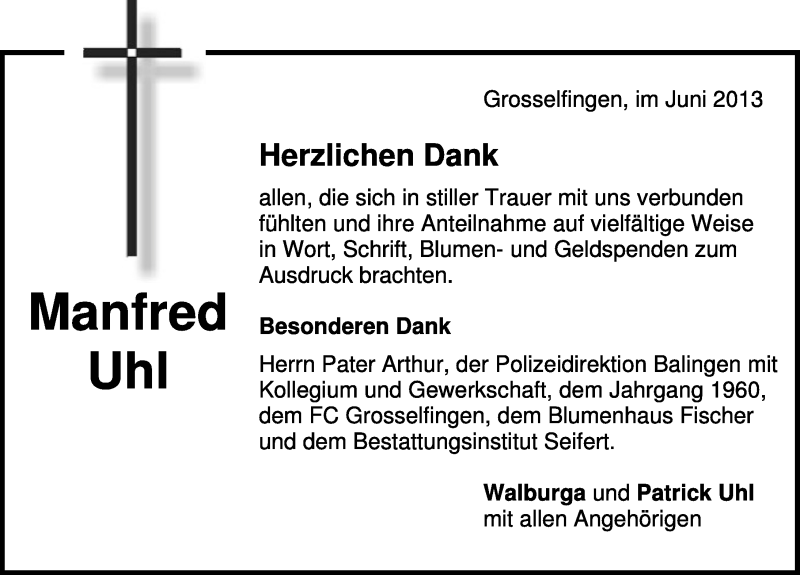 Traueranzeigen von Manfred Uhl | Schwarzwälder Bote Trauer