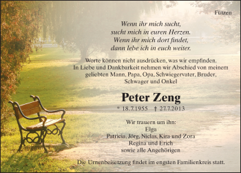 Traueranzeigen von Peter Zeng | Schwarzwälder Bote Trauer
