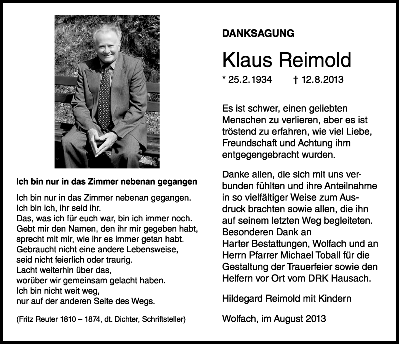 Traueranzeigen von Klaus Reinold | Schwarzwälder Bote Trauer