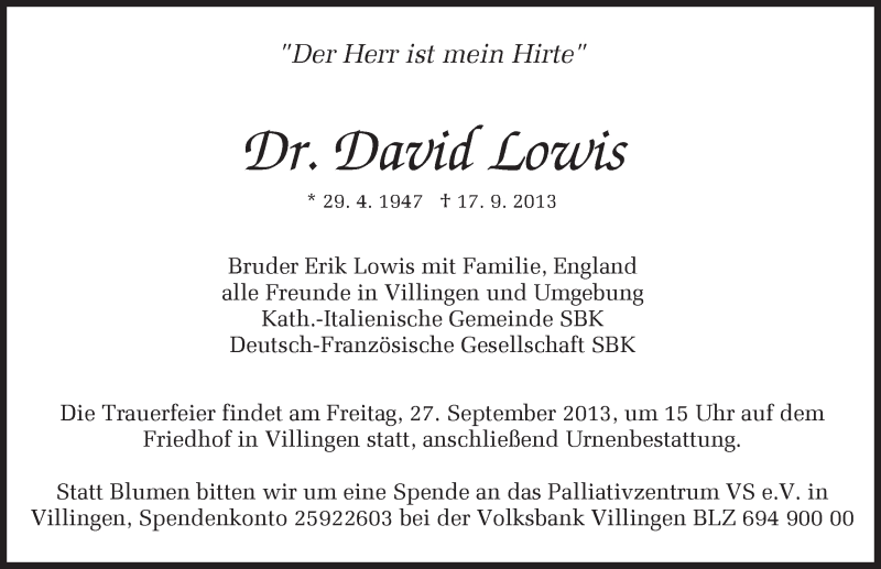 Traueranzeigen von David Lowis | Schwarzwälder Bote Trauer