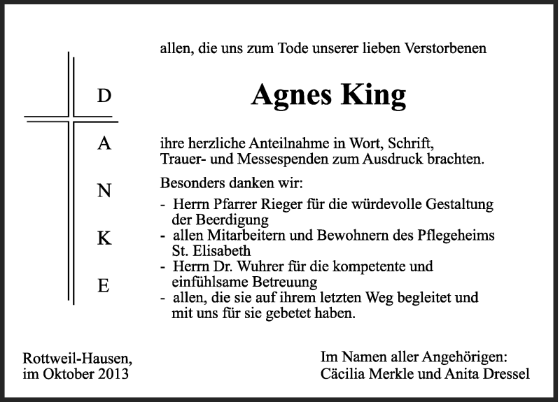 Traueranzeigen von Agnes King | Schwarzwälder Bote Trauer