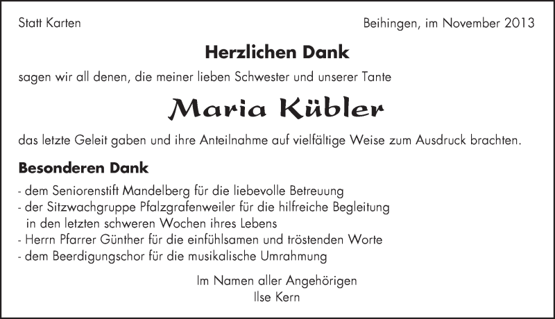 Traueranzeigen von Maria Kübler | Schwarzwälder Bote Trauer