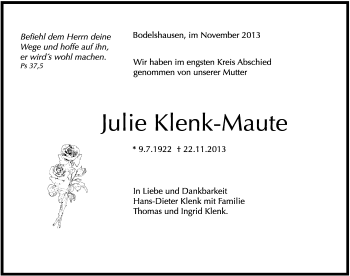 Traueranzeigen von Julie Klenk-Maute | Schwarzwälder Bote Trauer