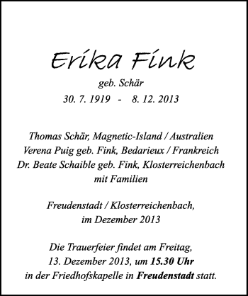 Traueranzeigen von Erika Fink | Schwarzwälder Bote Trauer