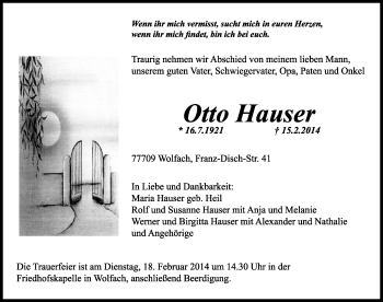 Traueranzeigen von Otto Hauser | Schwarzwälder Bote Trauer