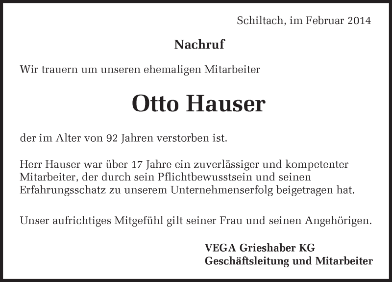 Traueranzeigen von Otto Hauser | Schwarzwälder Bote Trauer