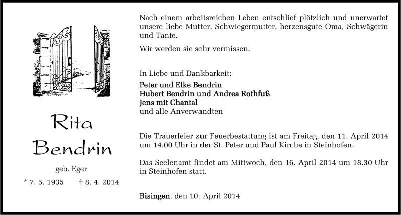 Traueranzeigen von Rita Bendrin | Schwarzwälder Bote Trauer