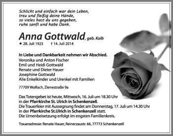 Traueranzeigen von Anna Gottwald | Schwarzwälder Bote Trauer