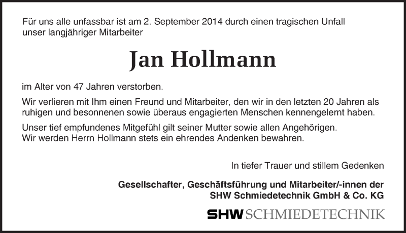 Traueranzeigen von Jan Hollmann | Schwarzwälder Bote Trauer
