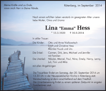 Traueranzeigen von Lina Hess | Schwarzwälder Bote Trauer
