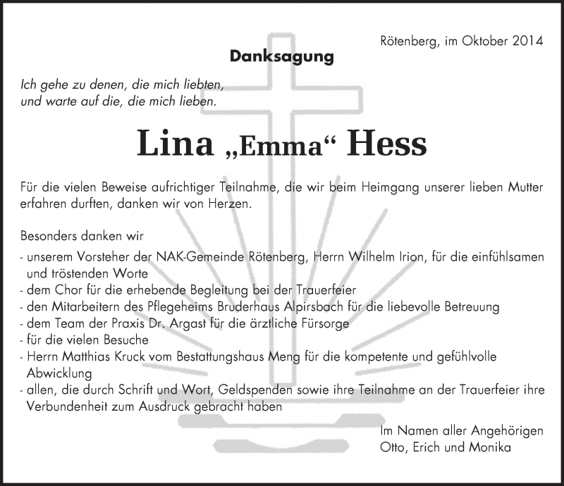 Traueranzeigen von Lina Hess | Schwarzwälder Bote Trauer