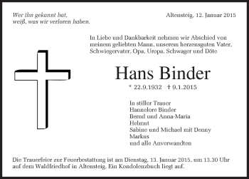 Traueranzeigen von Hans Binder | Schwarzwälder Bote Trauer