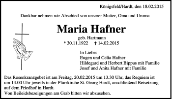 Traueranzeigen von Maria Hafner | Schwarzwälder Bote Trauer