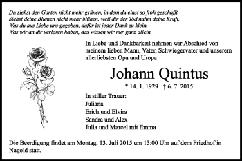 Traueranzeigen von Johann Quintus | Schwarzwälder Bote Trauer