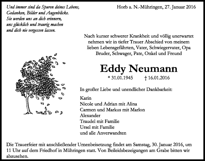 Traueranzeigen von Eddy Neumann | Schwarzwälder Bote Trauer