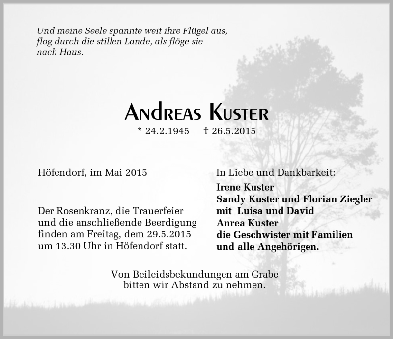 Traueranzeigen von Andreas Kuster | Schwarzwälder Bote Trauer