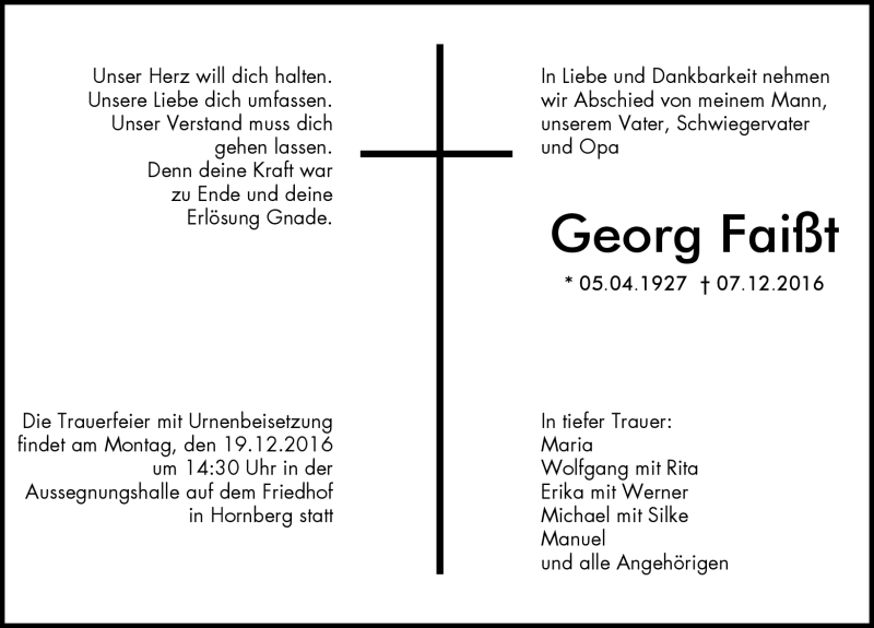 Traueranzeigen von Georg Faißt | Schwarzwälder Bote Trauer