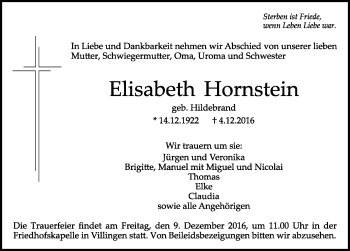 Traueranzeigen von Elisabeth Hornstein | Schwarzwälder Bote Trauer