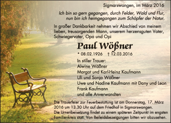 Traueranzeigen von Paul Wößner | Schwarzwälder Bote Trauer