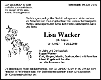 Traueranzeigen von Lisa Wacker | Schwarzwälder Bote Trauer
