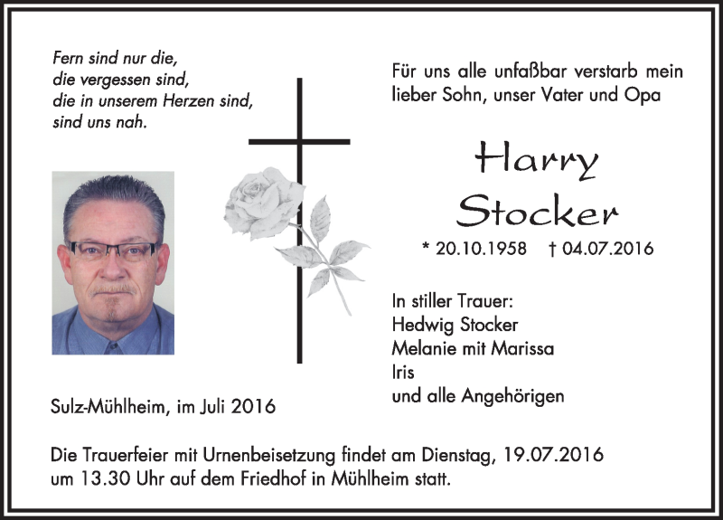 Traueranzeigen von Harry Stocker | Schwarzwälder Bote Trauer