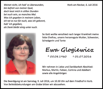 Traueranzeigen von Ewa Glogiewicz | Schwarzwälder Bote Trauer