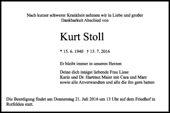 Traueranzeigen von Kurt Stoll | Schwarzwälder Bote Trauer