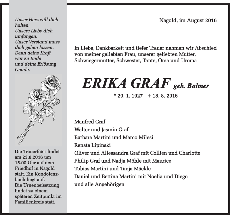 Traueranzeigen von Erika Graf | Schwarzwälder Bote Trauer