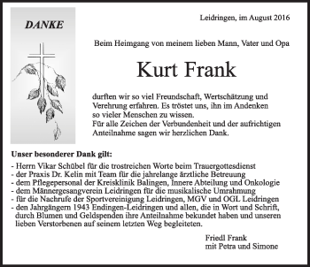 Traueranzeigen von Kurt Frank | Schwarzwälder Bote Trauer