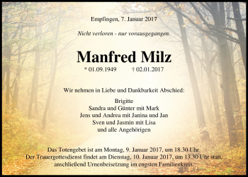 Traueranzeigen von Manfred Milz | Schwarzwälder Bote Trauer