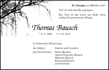 Traueranzeigen von Thomas Bausch | Schwarzwälder Bote Trauer