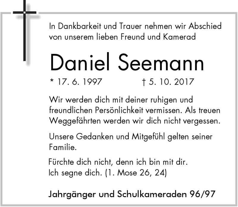 Traueranzeigen von Daniel Seemann | Schwarzwälder Bote Trauer