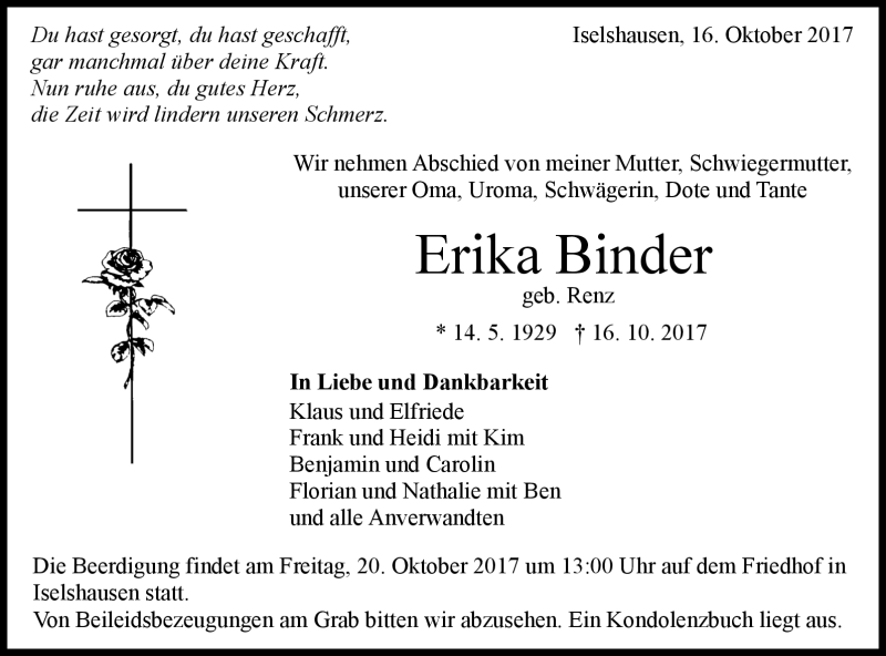 Traueranzeigen von Erika Binder | Schwarzwälder Bote Trauer