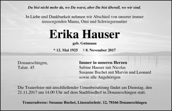 Traueranzeigen von Erika Hauser | Schwarzwälder Bote Trauer