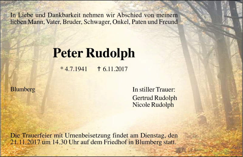 Traueranzeigen von Peter Rudolph | Schwarzwälder Bote Trauer
