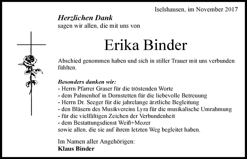 Traueranzeigen von Erika Binder | Schwarzwälder Bote Trauer